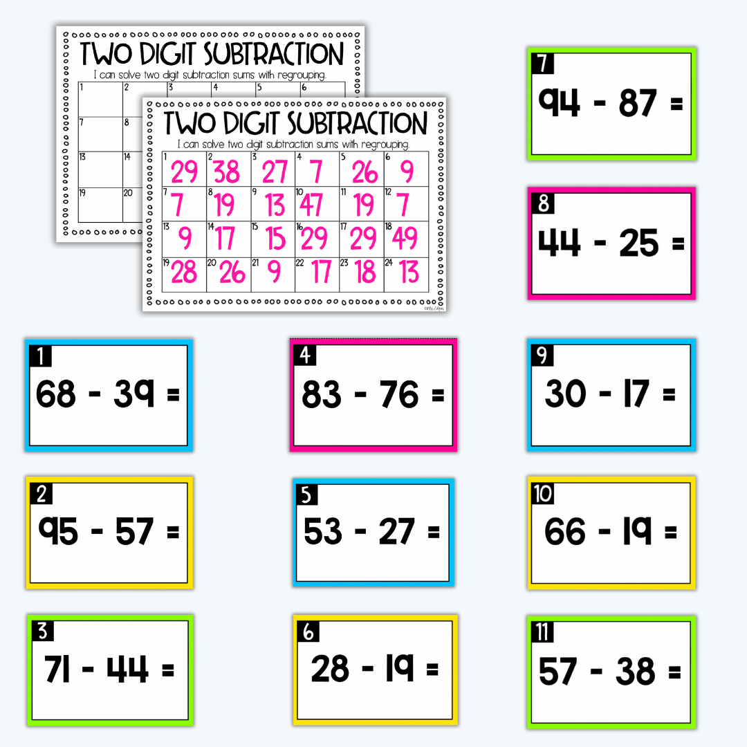 Two Digit Subtraction with Regrouping Task Cards – Mrs Edgar